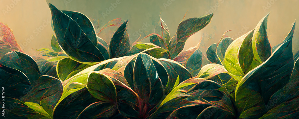 Heavy vegetation patterns, green leafs background on light golden ...