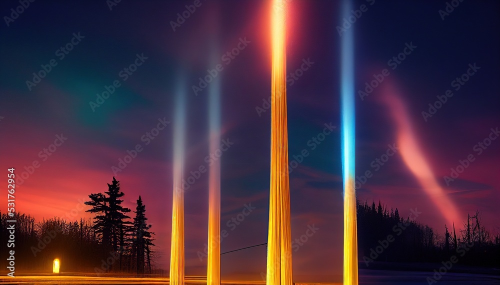 This is a 3D illustration of light pillars in canada, Vertical beam of ...