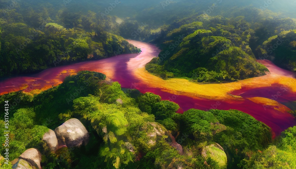 This is a 3D illustration of the river of five colours in Colombia, The ...