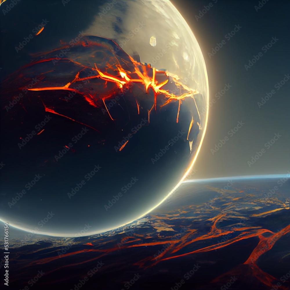 Broken shattered crumbling planet exploding in space, 3d illustration ...