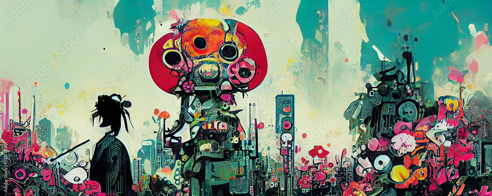 Psychedelic punk rock digital art, android , technology versus nature ...