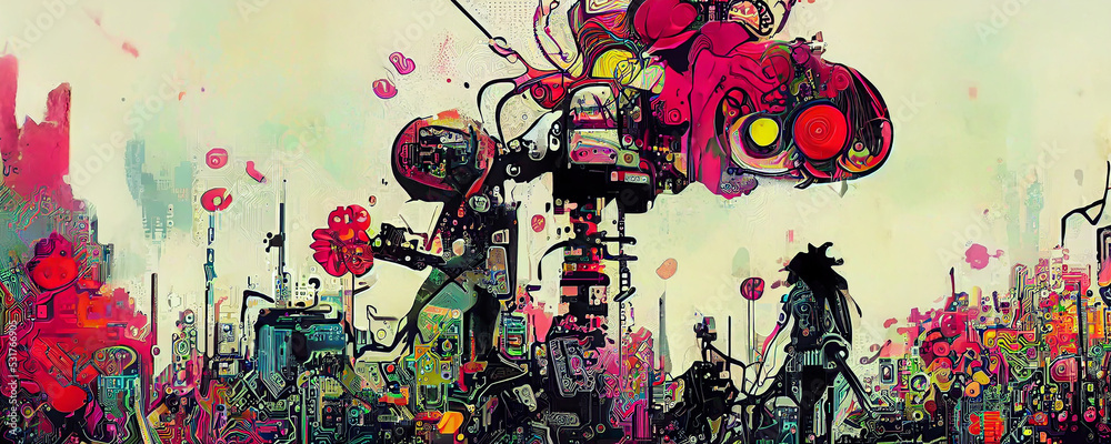 Psychedelic punk rock digital art, city, technology versus nature ink ...