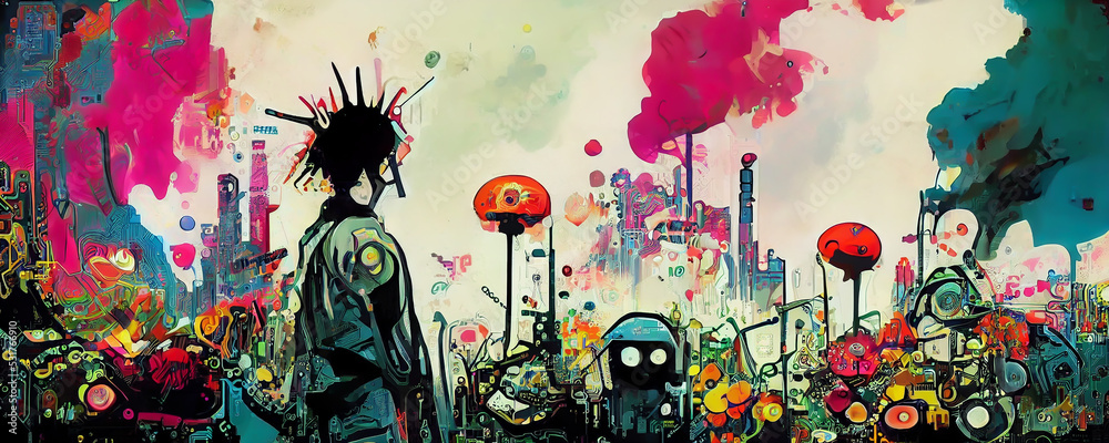 Psychedelic punk rock digital art, android, technology versus nature ...