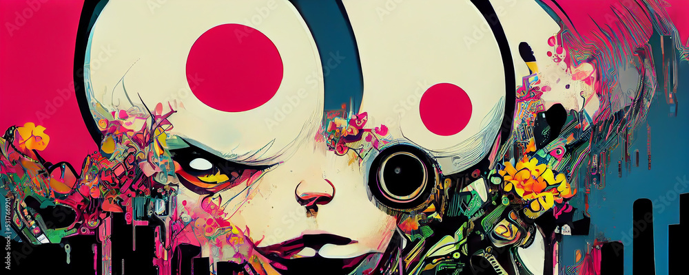 Psychedelic punk rock digital art, brainiac face, technology versus ...