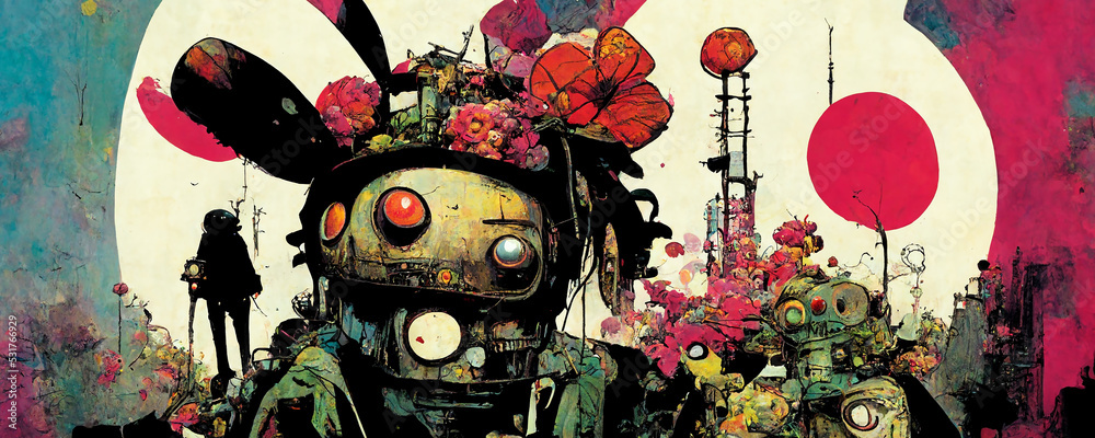 Psychedelic punk rock digital art, technology versus nature ink ...