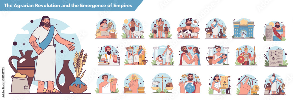 First agriculture revolution and civilization origin set. Food-crop ...