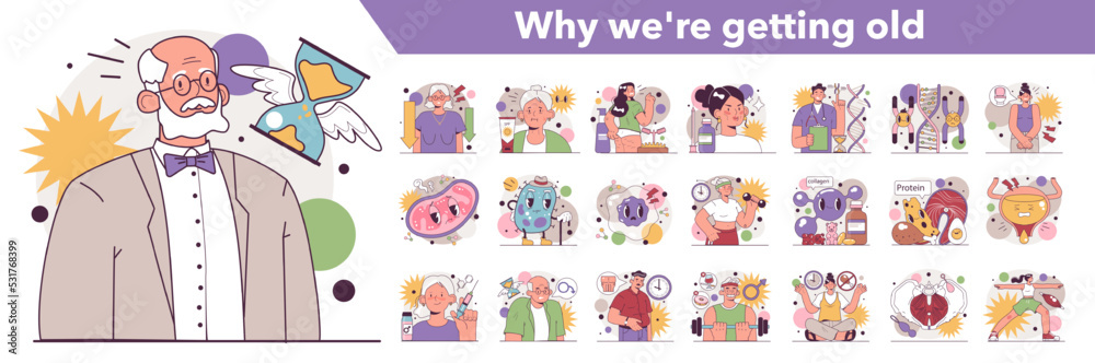 Aging or getting old set. Age caused changes of body, biological ...