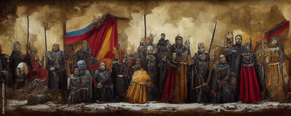 Abstract medieval painting during the era of feudalism. Religious ...