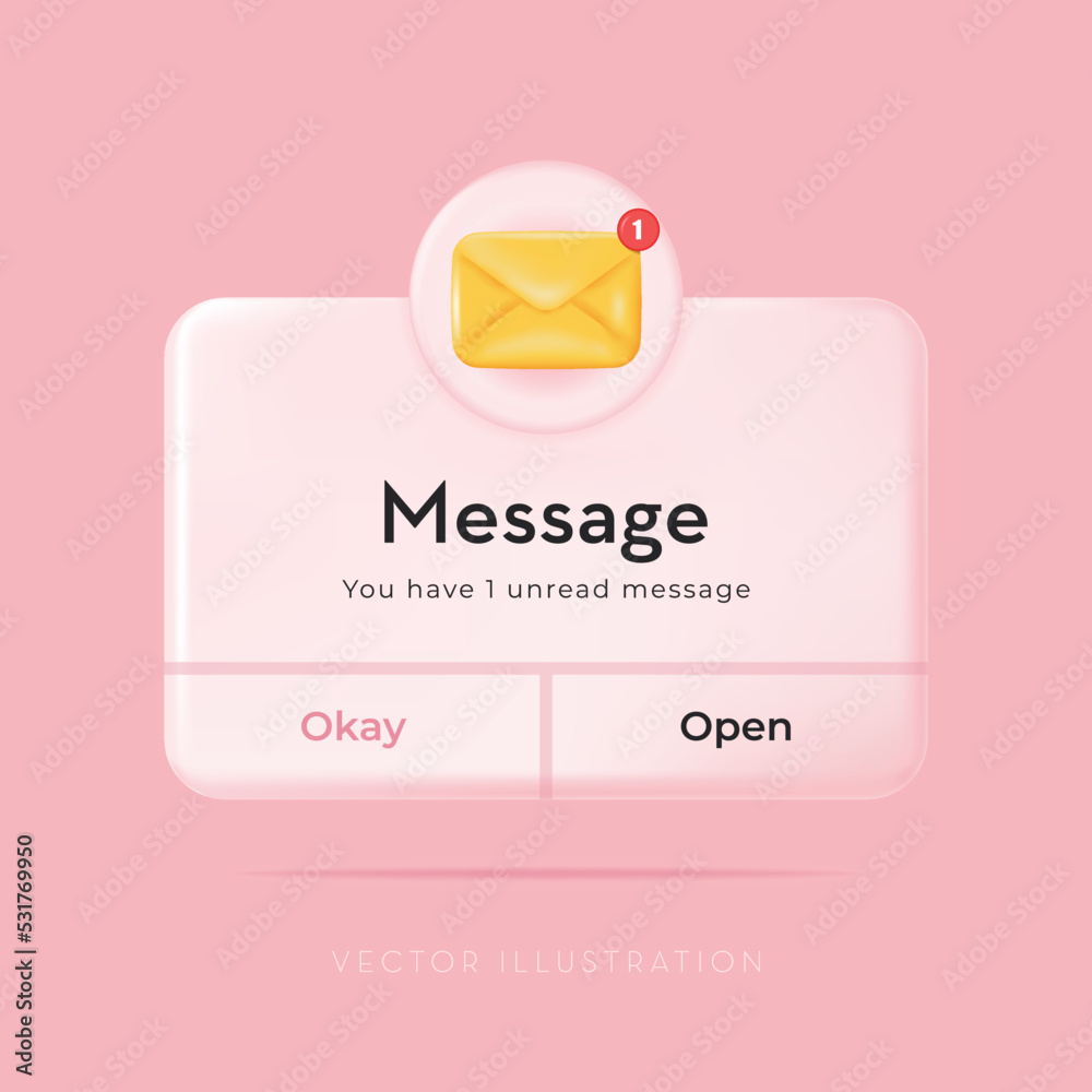 3D New message, Popup page with floating envelope. Social media ...