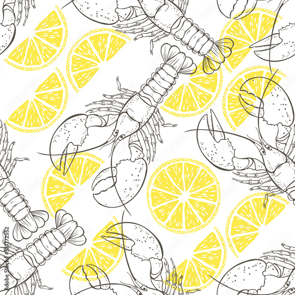 Lobsters and lemon slices. Vector seamless background patterns on white ...