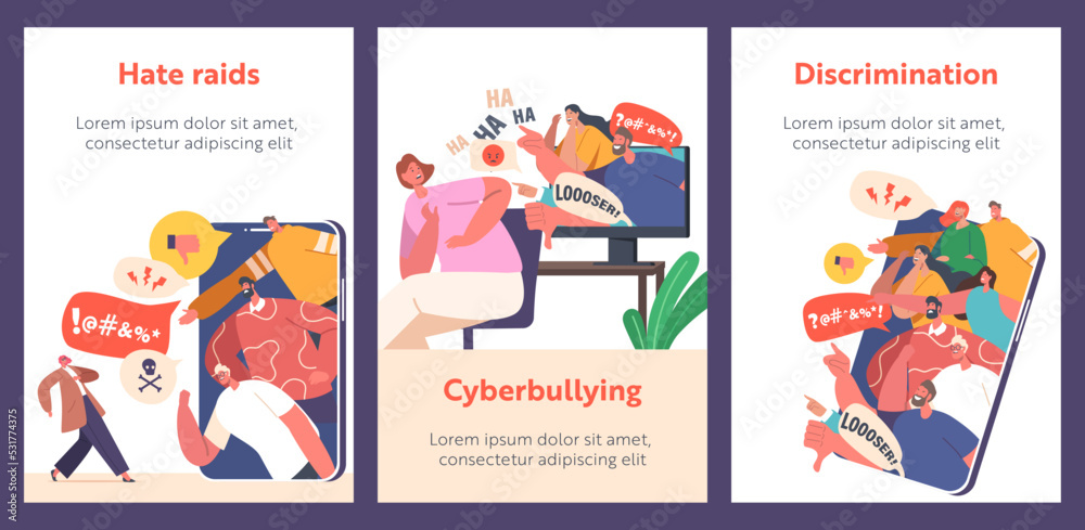 Cyberbullying Network Abuse and Harassment Cartoon Banners. Cyber ...