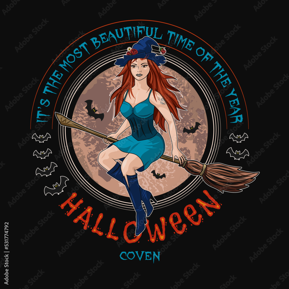 Round emblem with young beautiful witch flying on broomstick ...