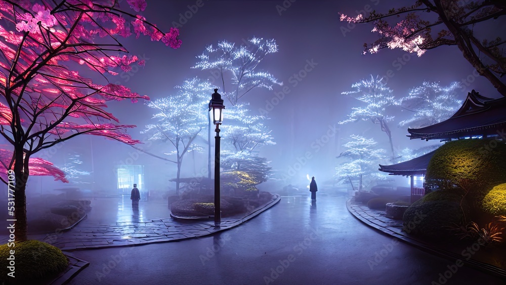 Dark Japanese garden with big old trees, Japanese forest, park. Fantasy ...