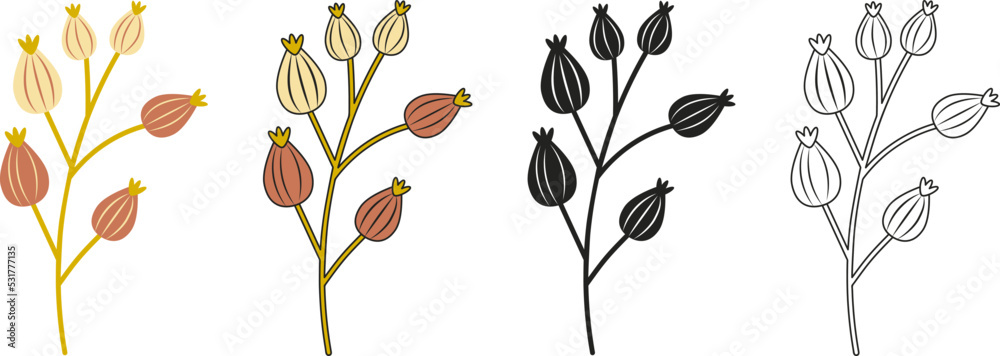 autumn rose hip illustration in flat style, line art, silhouette and ...