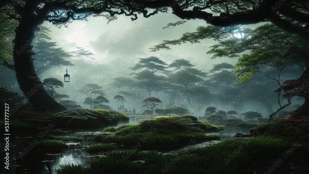 Dark Japanese garden with big old trees, Japanese forest, park. Fantasy ...