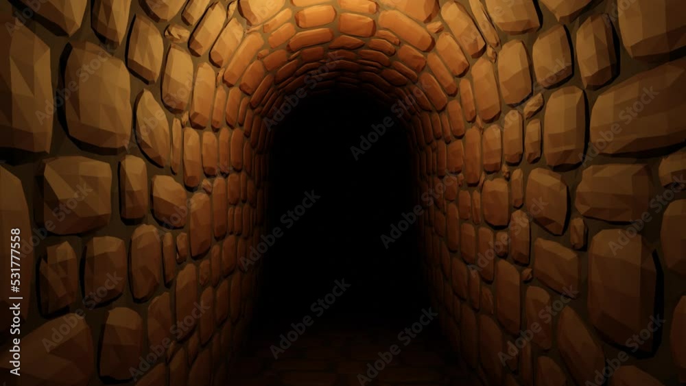 3d cartoon underground tunnel. Movement through catacombs of the old ...