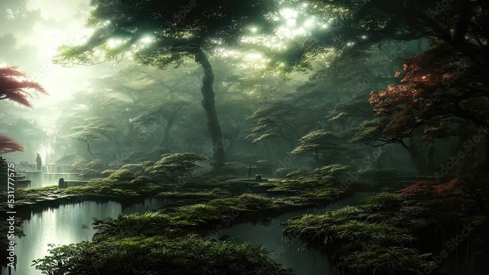 Dark Japanese garden with big old trees, Japanese forest, park. Fantasy ...