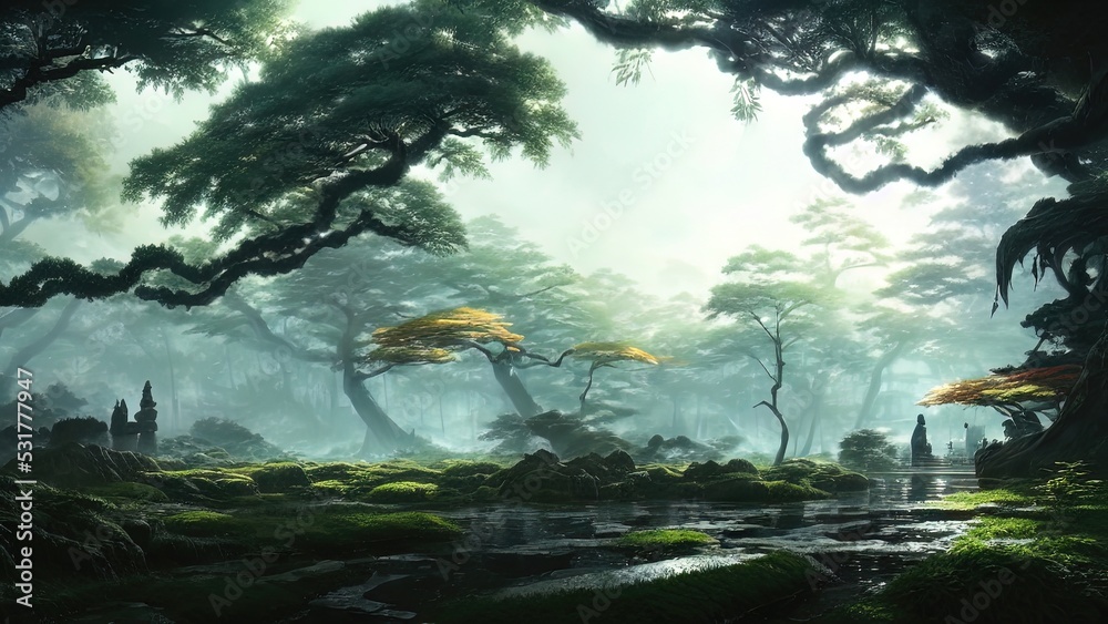 Dark Japanese garden with big old trees, Japanese forest, park. Fantasy ...