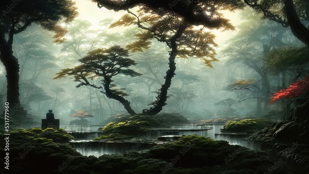 Dark Japanese garden with big old trees, Japanese forest, park. Fantasy ...