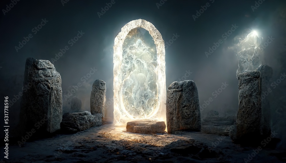 Raster illustration of magical stone portal with abstract patterns and ...