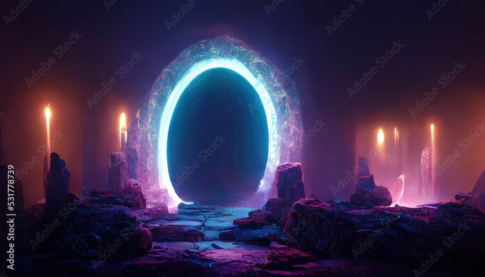 Raster illustration of magical neon blue stone portal with abstract ...