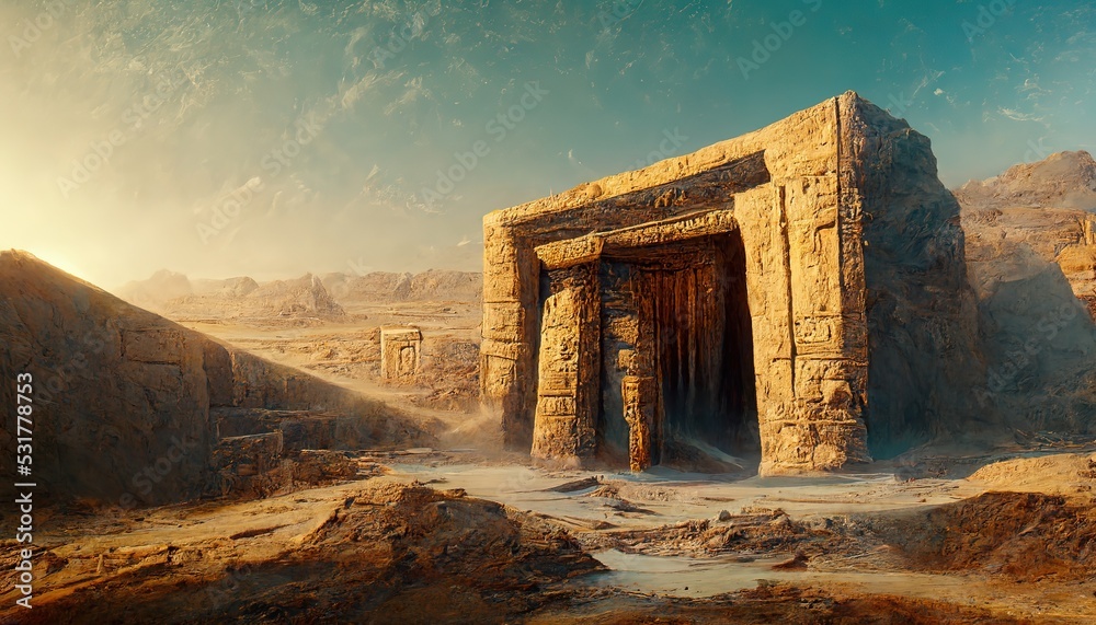 Raster illustration of magical cave in the desert. Rock gorge, golden ...