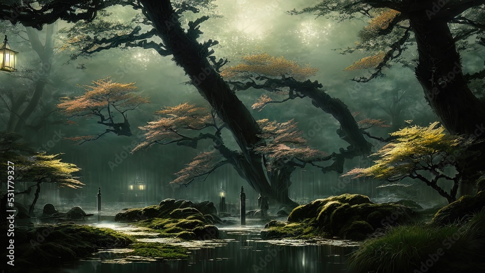 Dark Japanese garden with big old trees, Japanese forest, park. Fantasy ...