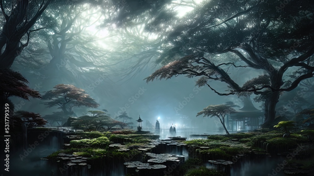 Dark Japanese Garden With Big Old Trees Japanese Forest Park Fantasy Landscape Dense Forest