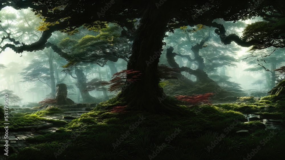 Dark Japanese garden with big old trees, Japanese forest, park. Fantasy ...