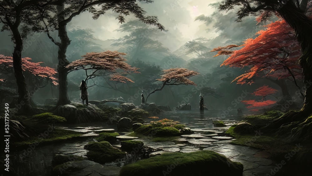 Dark Japanese garden with big old trees, Japanese forest, park. Fantasy ...