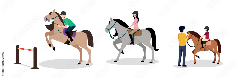 Set of horse riding people in cartoon style. Vector illustration of ...