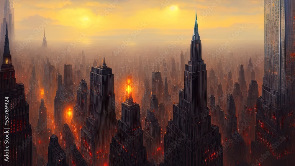 Dark neon city with New York skyscrapers, Light in the windows, neon ...