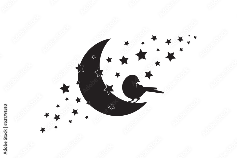 Bird on a moon with stars isolated on white background, vector. Bird ...