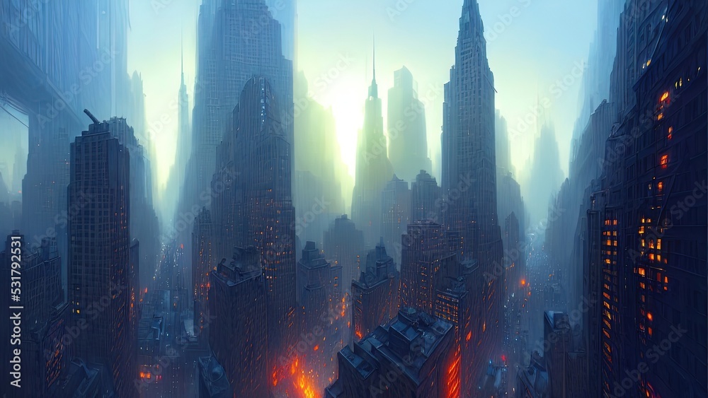 Dark neon city with New York skyscrapers, Light in the windows, neon ...