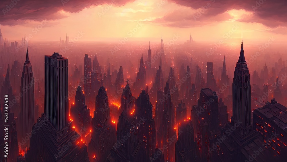 Dark neon city with New York skyscrapers, Light in the windows, neon ...