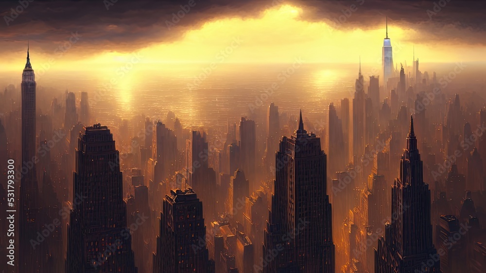 Dark neon city with New York skyscrapers, Light in the windows, neon ...