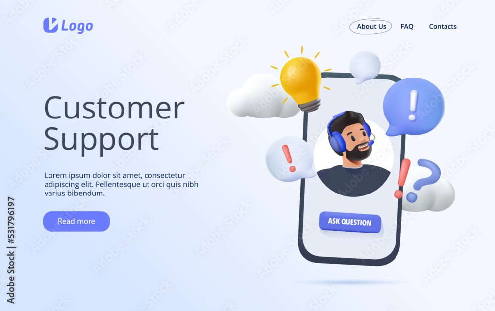 Customer service landing page. Man with headphones and microphone with ...