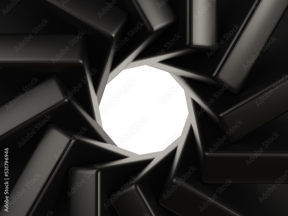 Abstract fan shape from black metal. Surreal turbine jet engine with ...