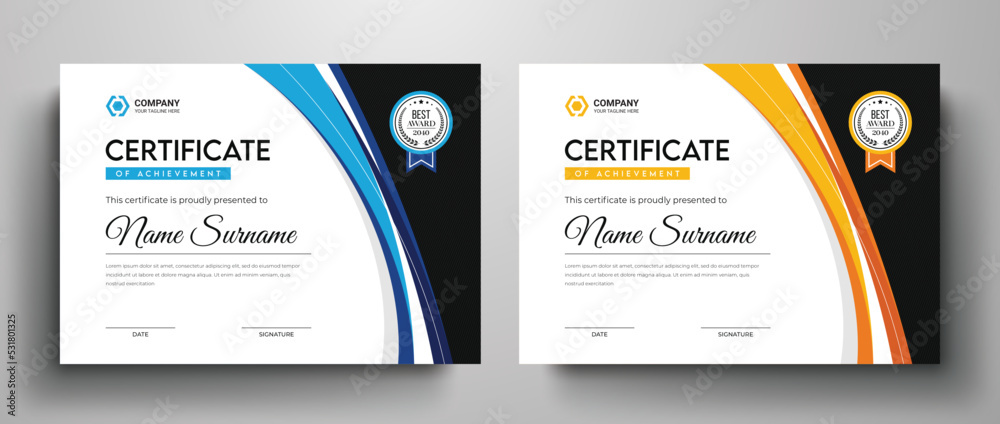 Clean and simple certificate design with best award badge, Blue yellow ...