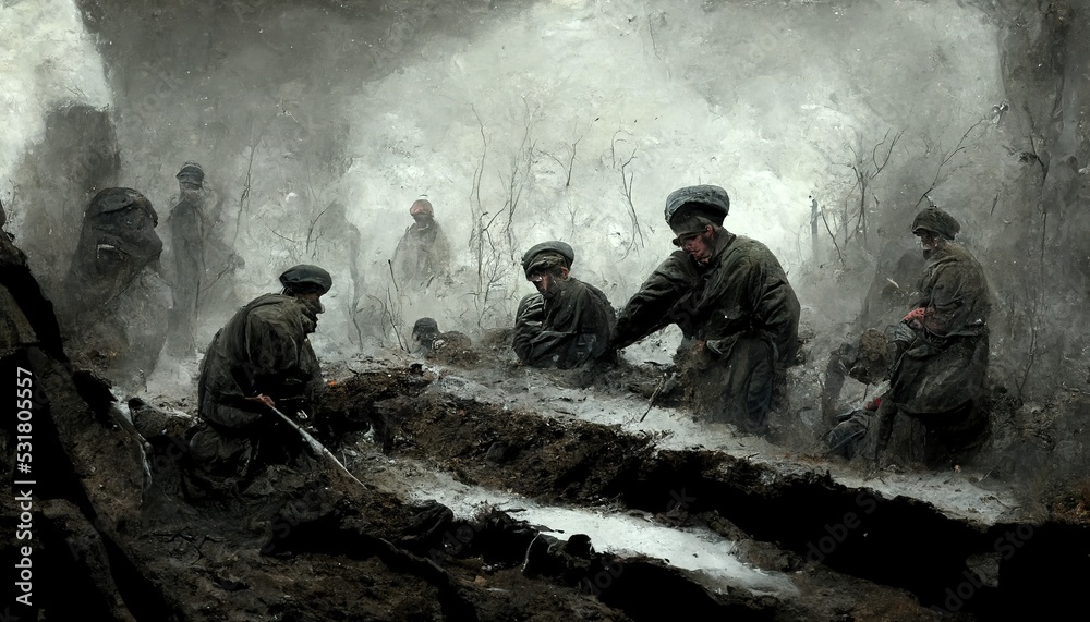 Stockillustratie World War II, a dramatic picture of trenches and ...