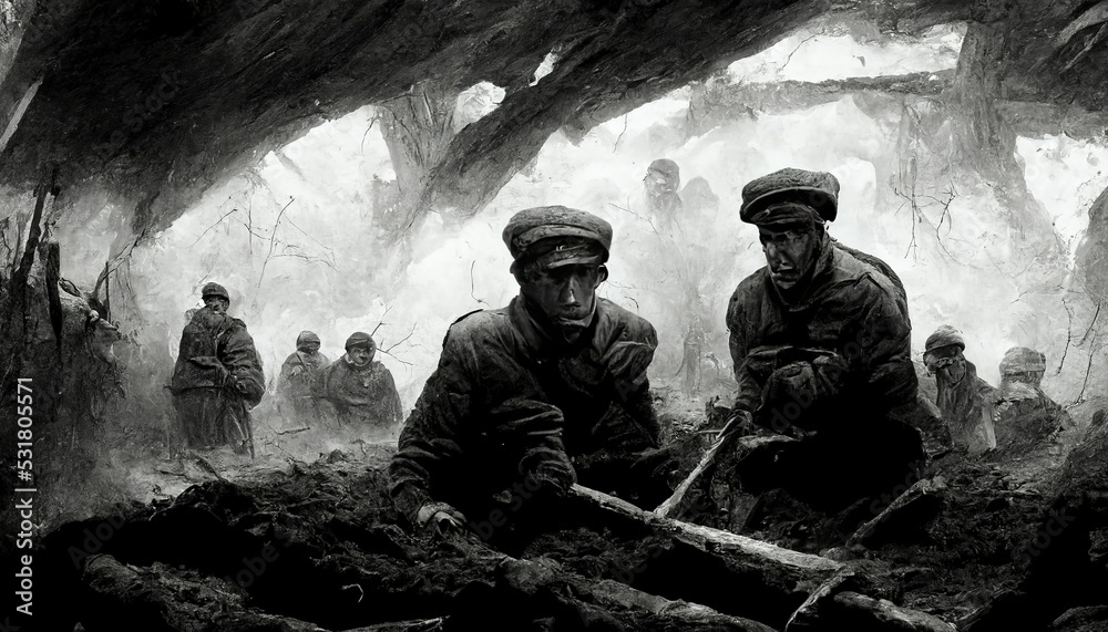 World War II, a dramatic picture of trenches and graves of soldiers art ...