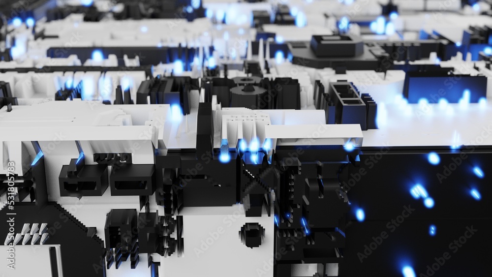 Black-white futuristic circuit technology with blue LED point light ...