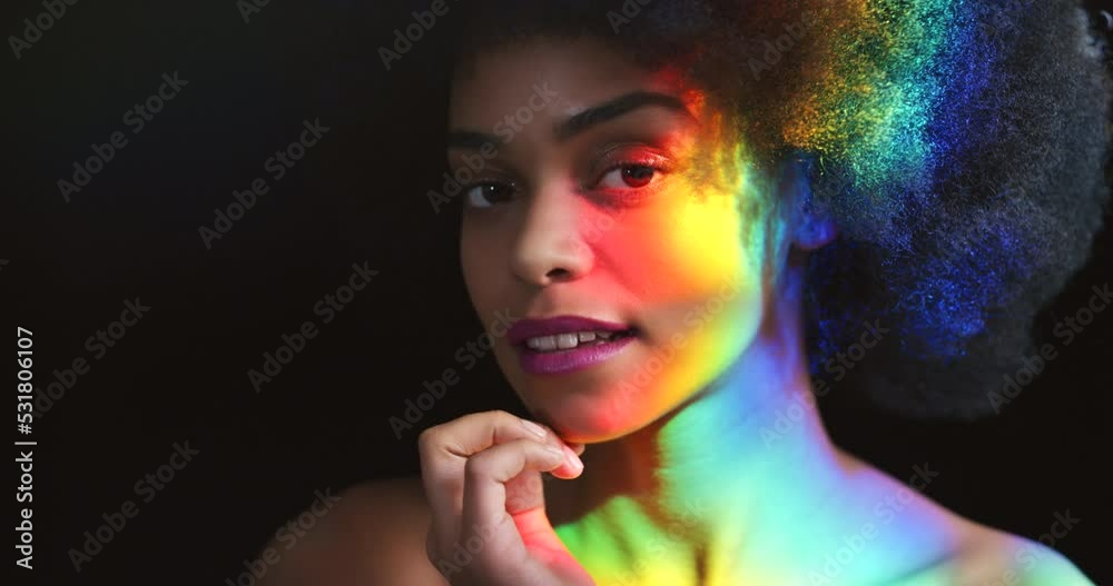 Woman portrait, lgbt and rainbow face with black studio background and ...