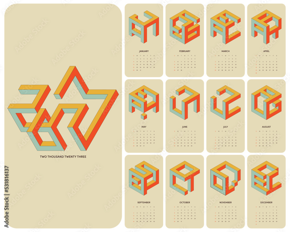 2023 printable monthly calendar template design, week starts on Sunday ...