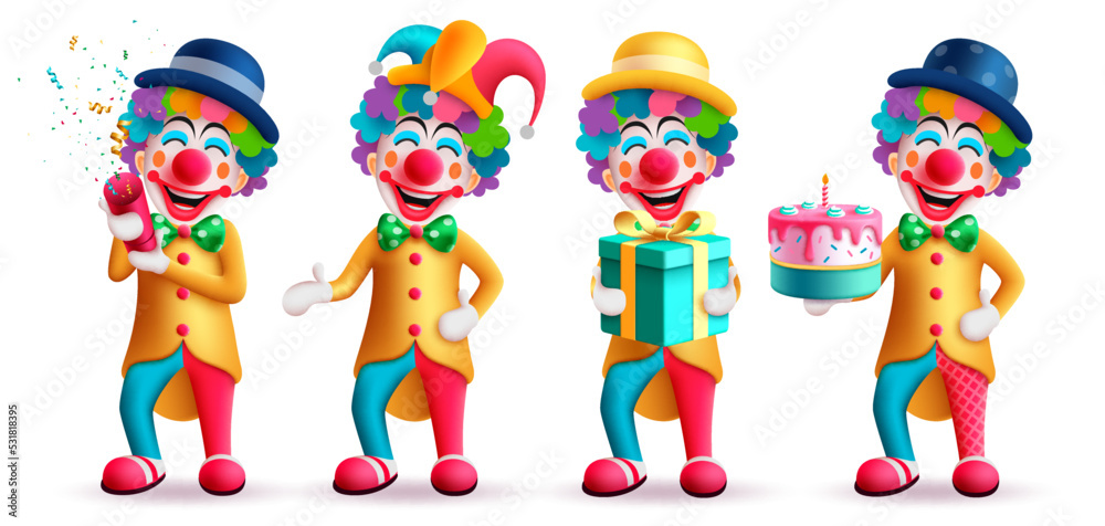 Clown character vector set design. Birthday buffoon and joker ...