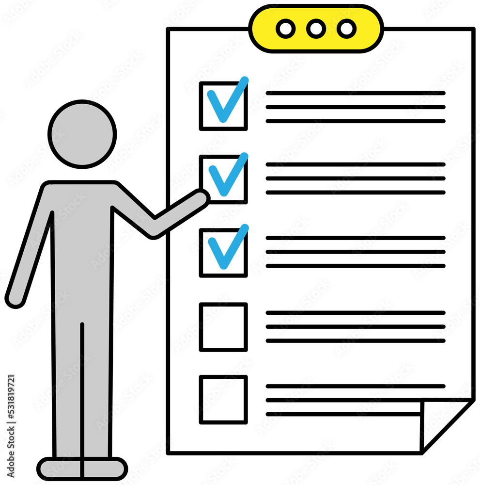 Man stands at big complete checklist icon, worksheet with tick marks ...