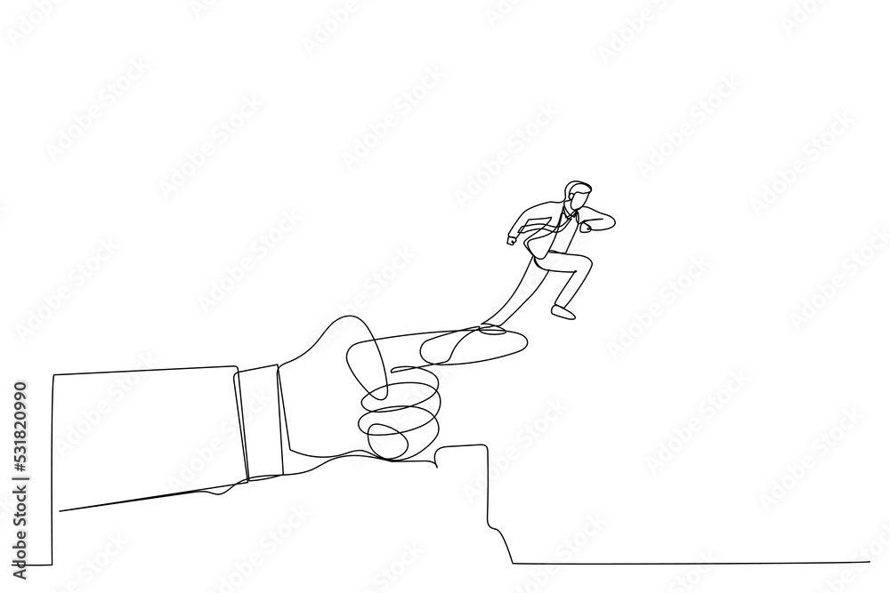 Drawing of giant hand pointing to the wrong way to a businessman ...