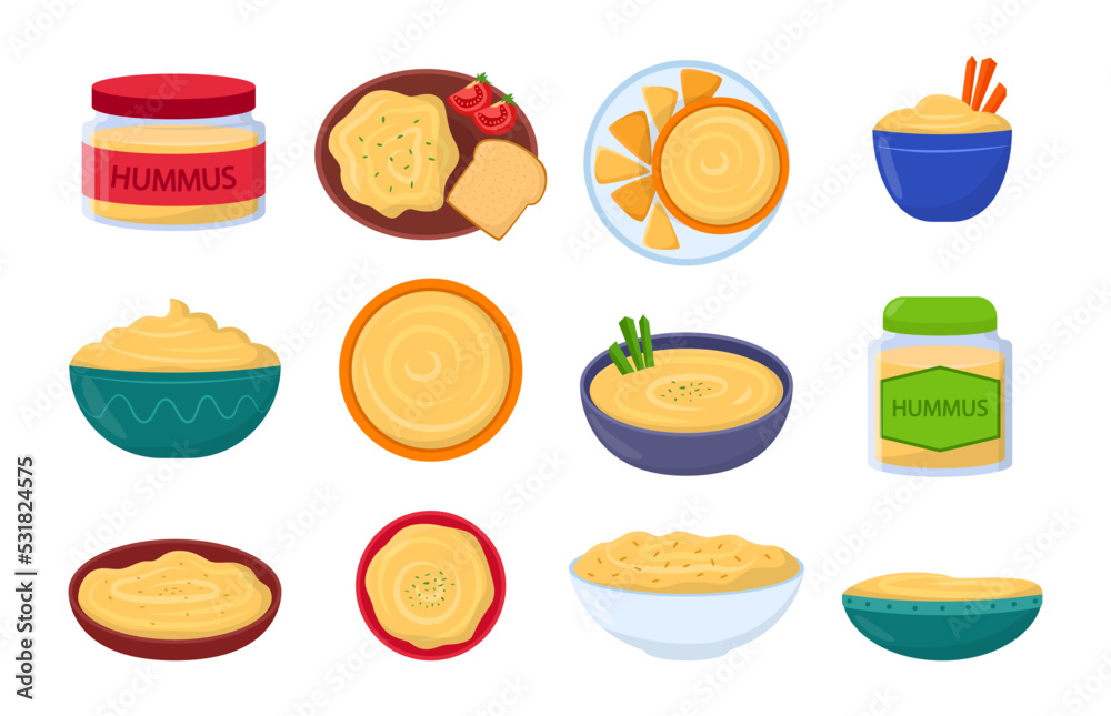 Hummus and snacks vector illustrations set. Collection of cartoon ...