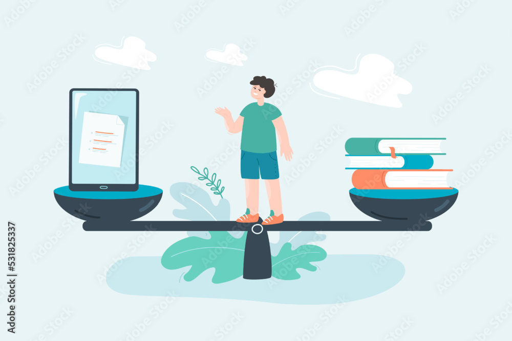 Books and phone balancing on scale flat vector illustration. Comparison ...
