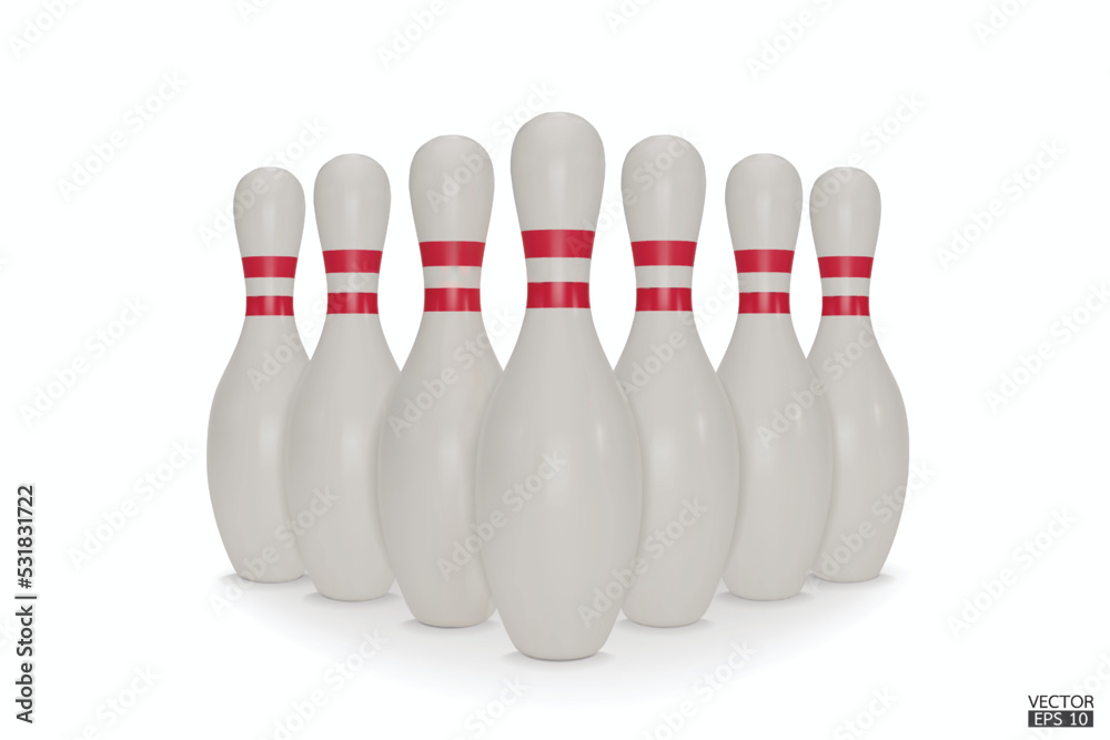 Group of bowling pins. Realistic bowling pins with red stripes isolated ...